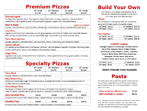 Menu for Linwood Pizza in Wyoming, Minnesota