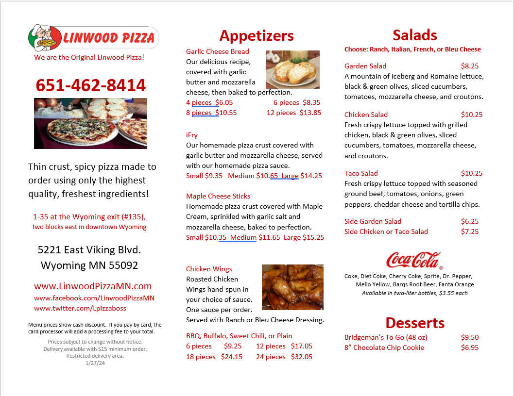 Menu for Linwood Pizza in Wyoming, Minnesota