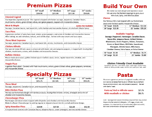 Menu for Linwood Pizza in Wyoming, Minnesota